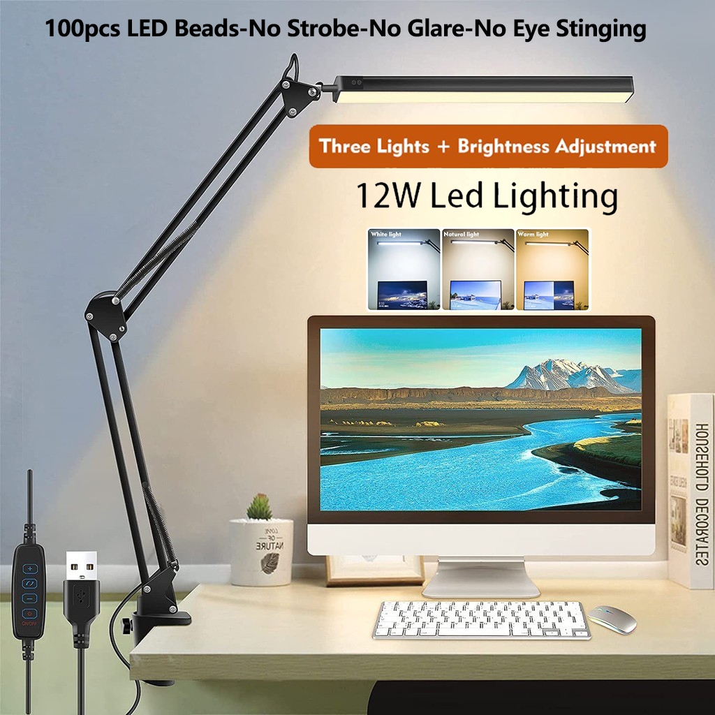LED Folding Metal Desk Lamp Clip On Light Clamp Long Arm Dimming Table ...