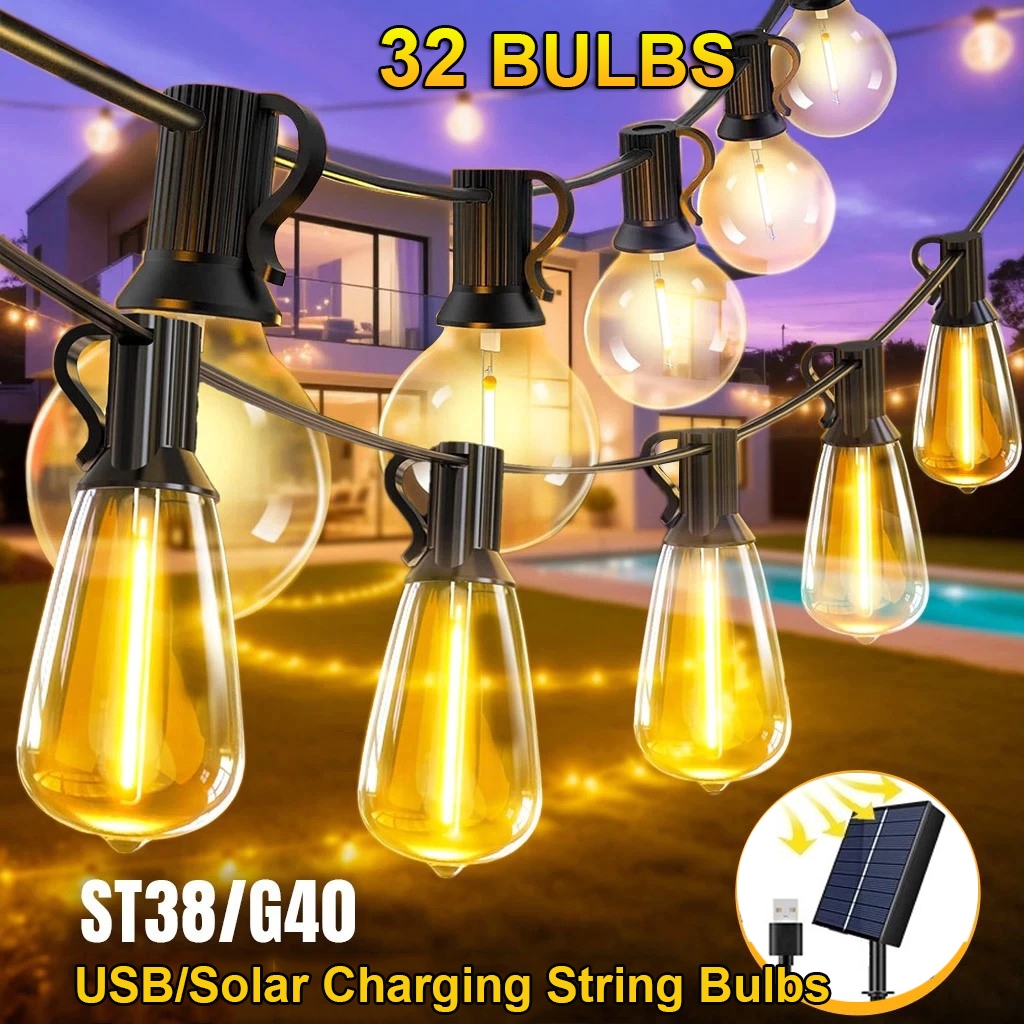 Solar LED 32 Bulb String Lights Outdoor Garden 15M Yellow String Light ...