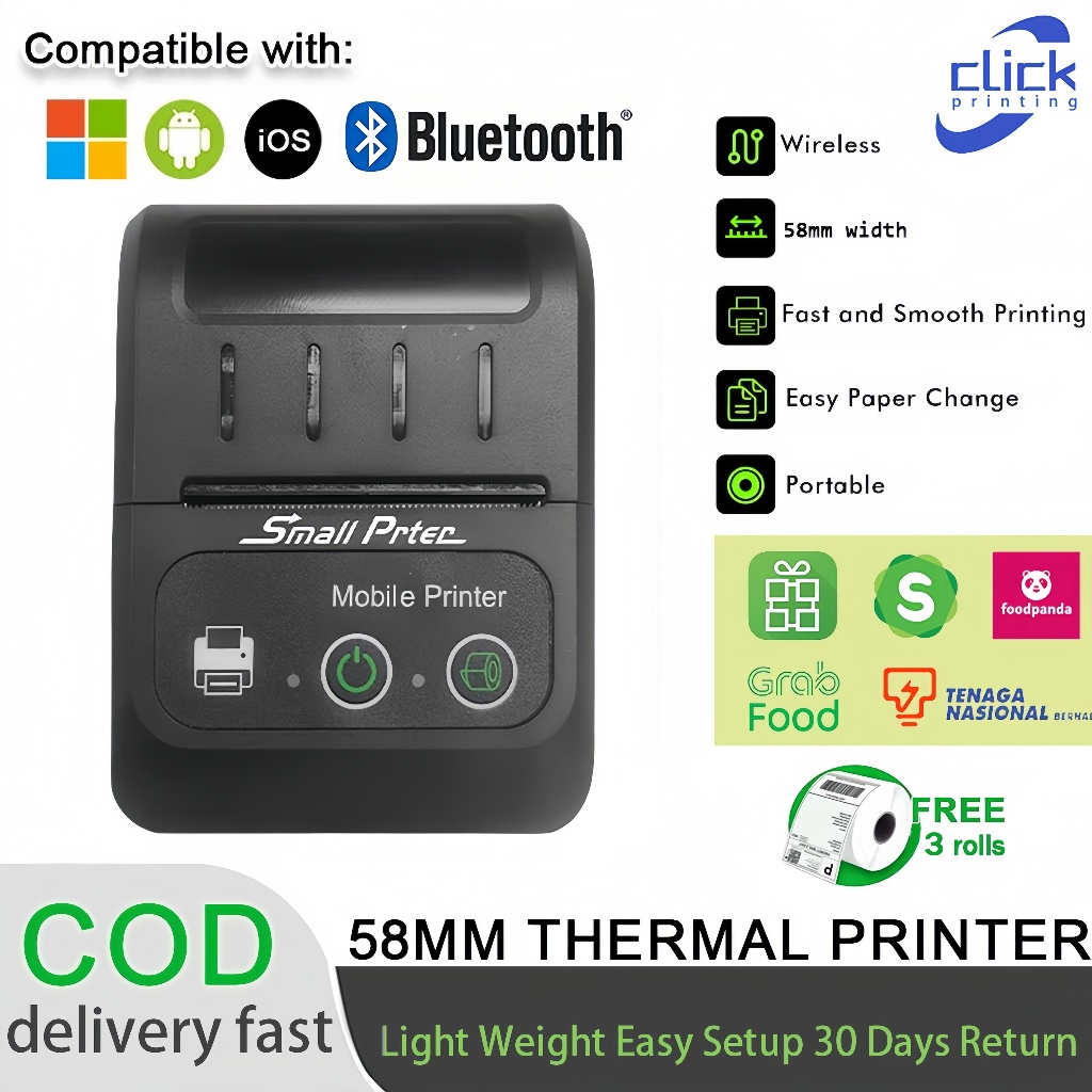 【Free 3 Roll】Portable 58mm Bluetooth Thermal Printer mini printer ...