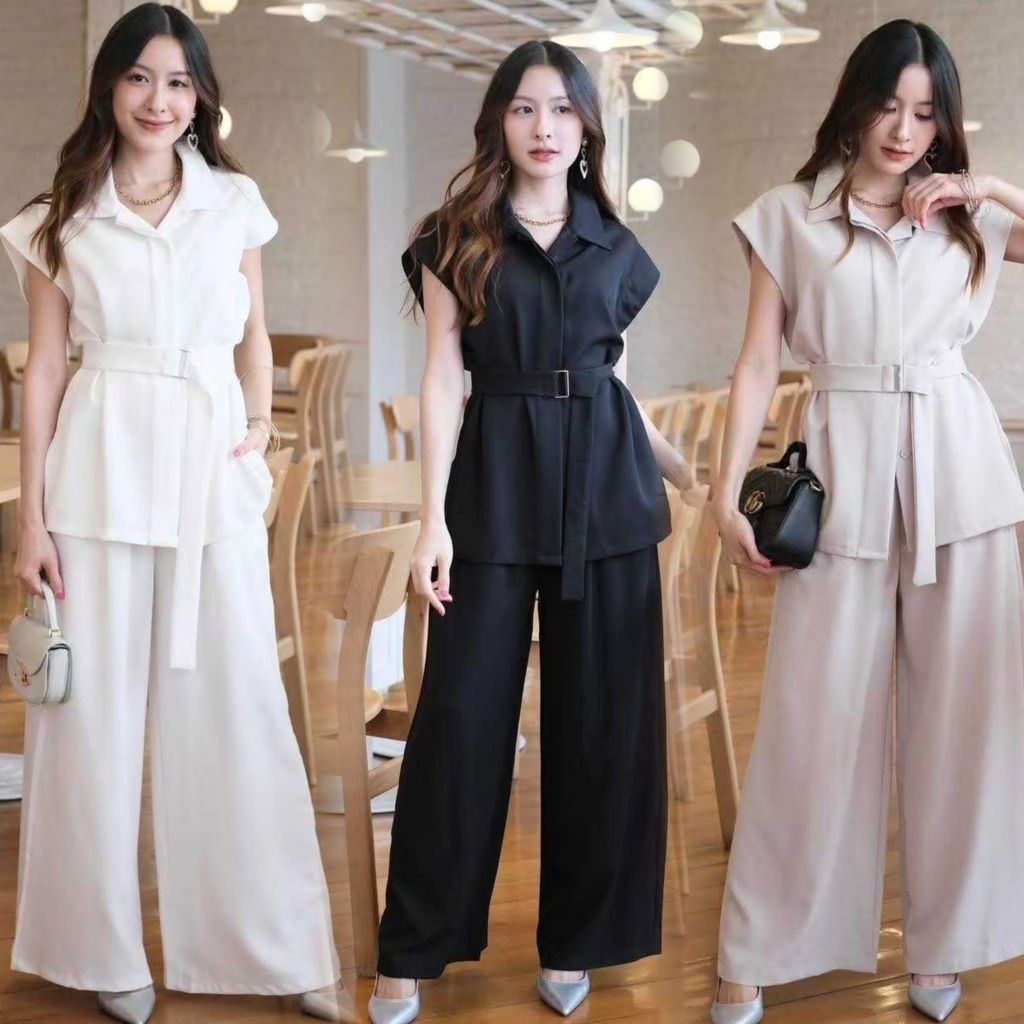 BAAO Collar Neck Self Belt Batwing Sleeve Top & Back Garter Side Pocket ...