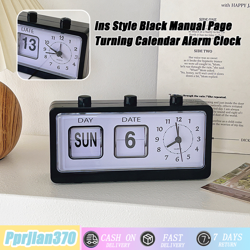 INS Style Black Manual Page Turning Calendar Alarm Clock Desktop ...
