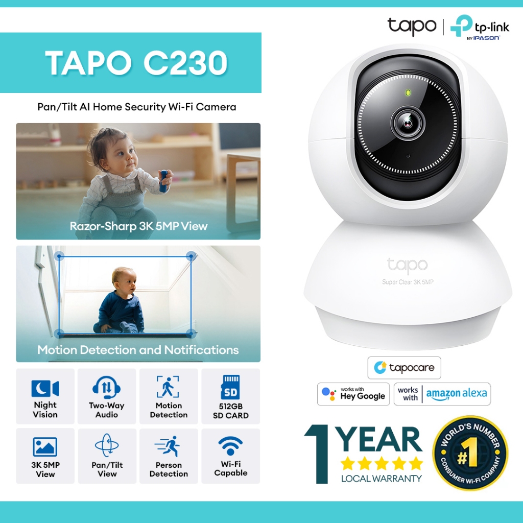 TP-LINK TAPO C230 3K 5MP QHD Pan/Tilt AI Home Security WiFi Indoor IP ...