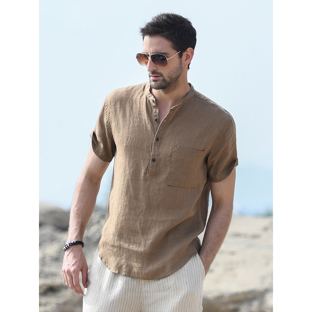 ACHS Men's Half Button Short Sleeve polo shirt Casual Loose Cotton ...