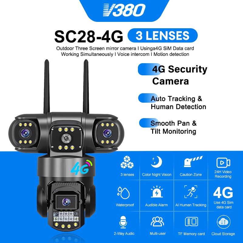 V380 Pro CCTV Camera 4G Sim Three lens Wi-Fi Wireless Outdoor ...