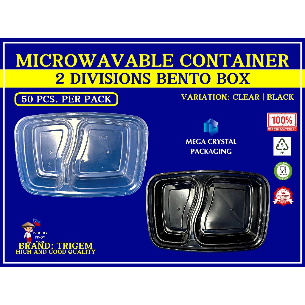 [ 50 Pcs ] Microwavable Container Rectangular 2 Division CLEAR / BLACK ...