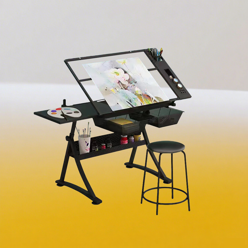 Glass drawing table, lift drawing table, leather stool + extra side ...