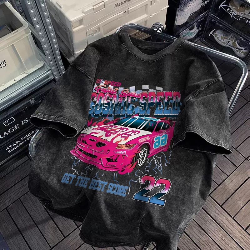 fiauntfashions aesthetic crew neck acid washed shirt Cartoon racing car ...