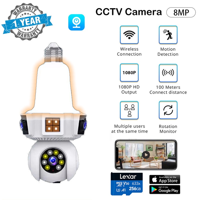 Three Lens Blub Lighting CCTV Camera NO WIFI Needed Lights Illuminating ...