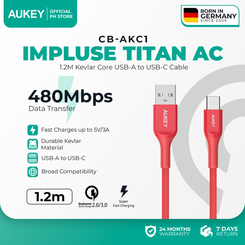 AUKEY CB-AKC1 USB-A to USB-C Quick Charge 3.0 Kevlar Cable, Durable and ...