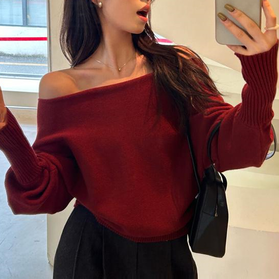 Slant shoulder knitted top women's new style knitted sweater loose and ...
