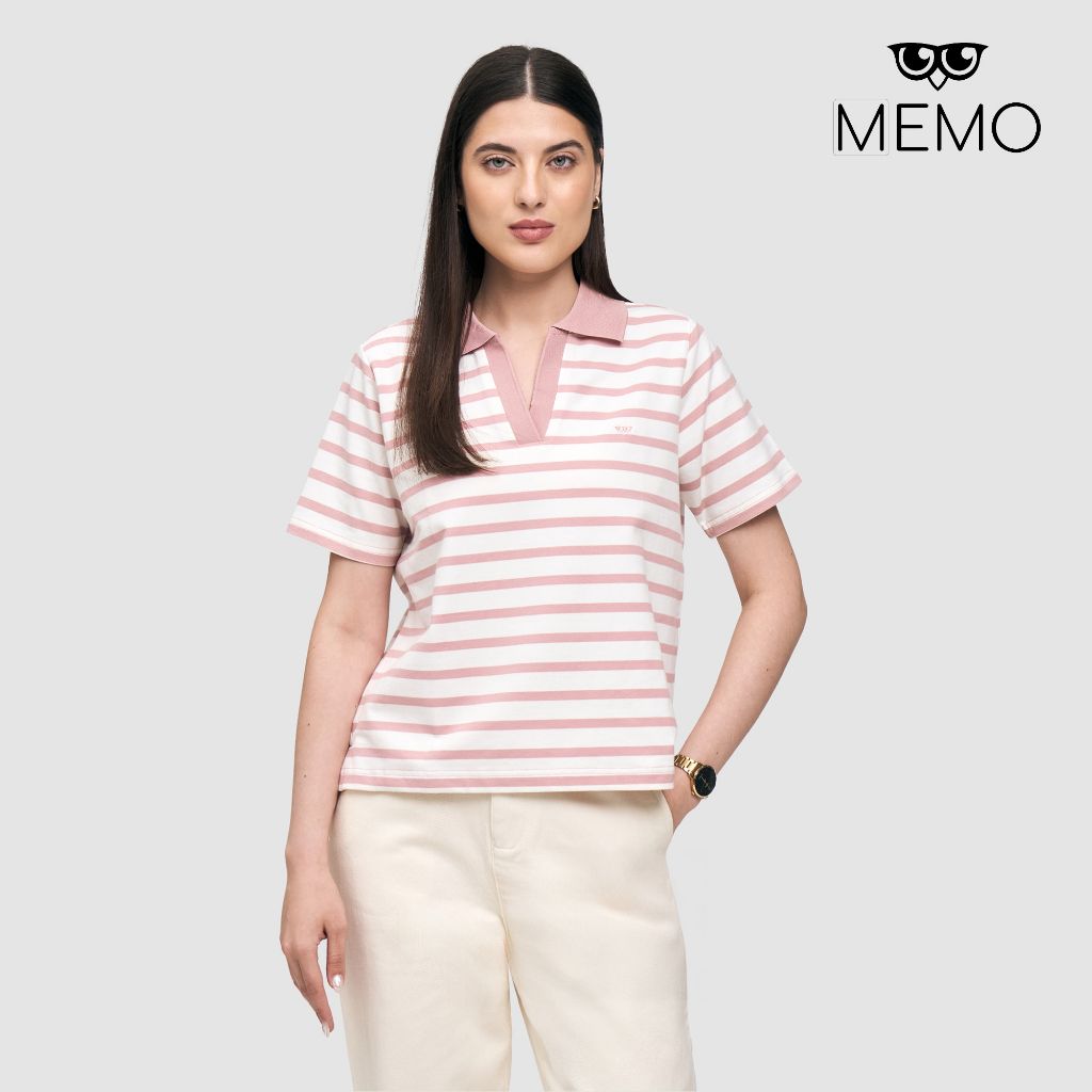 Memo Stripe V-Polo For Women (Blush) | Shopee Philippines