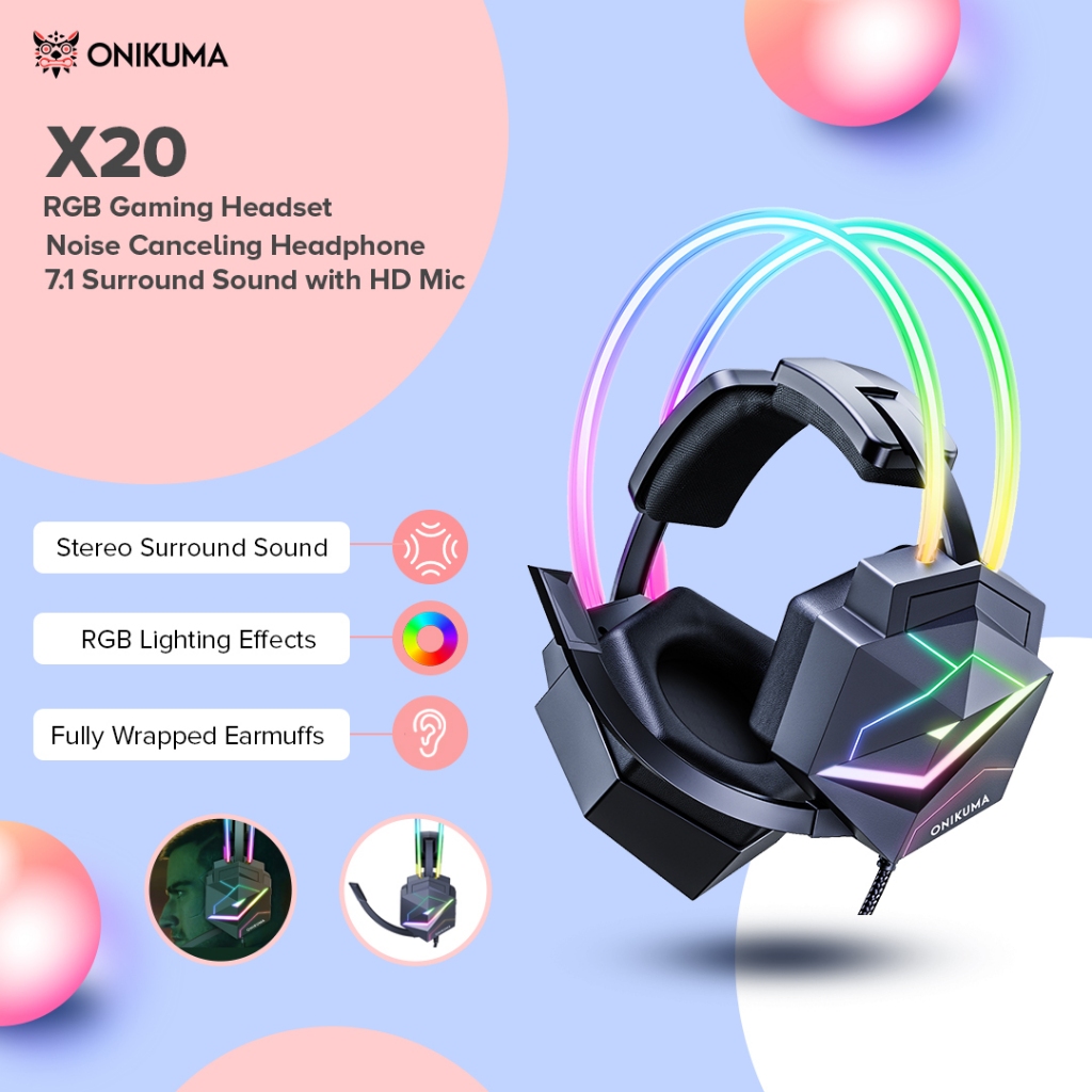 ONIKUMA X20 RGB Gaming Headset Noise Canceling Headphone 7.1 Surround ...
