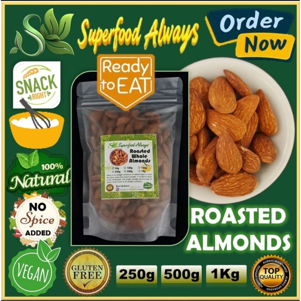 Roasted Whole Almonds (Plain, Oil free, Unsalted - 250g, 500g, 1Kg) by ...