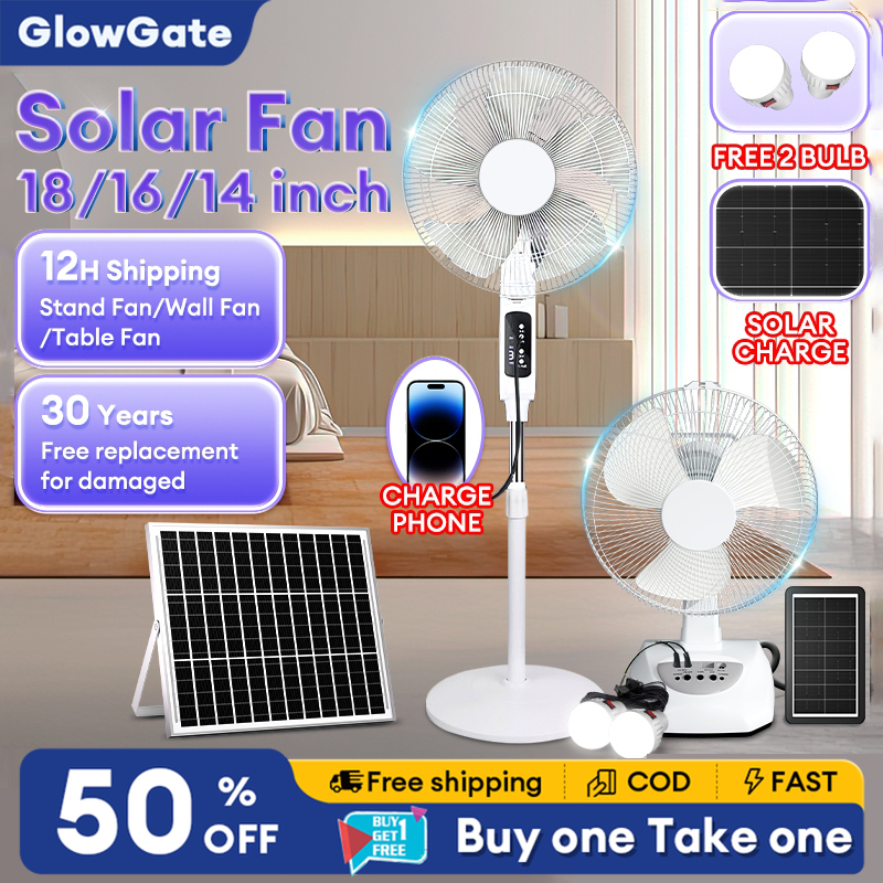 GlowGate Solar Electric Fan with LED Light 12 16 Inch Portable Solar ...