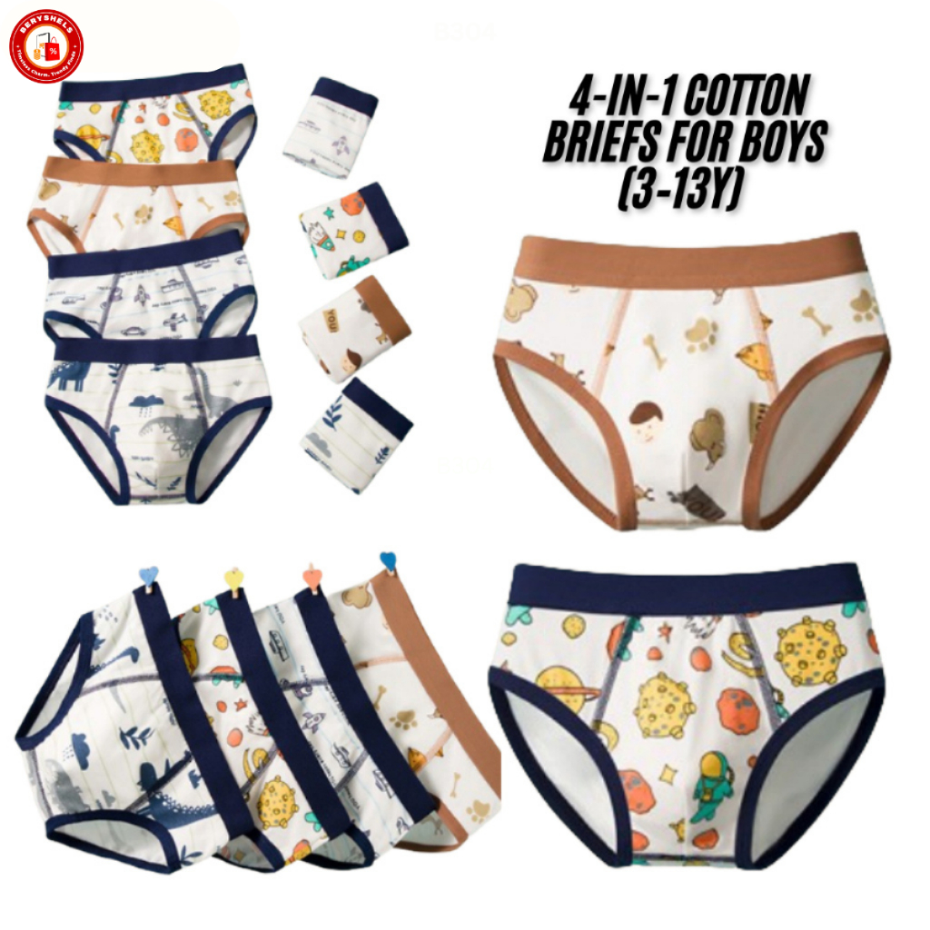 Beryshels 4 in 1 Briefs for Boys 3 to 13 yo Cotton Underwear Dinosaur ...