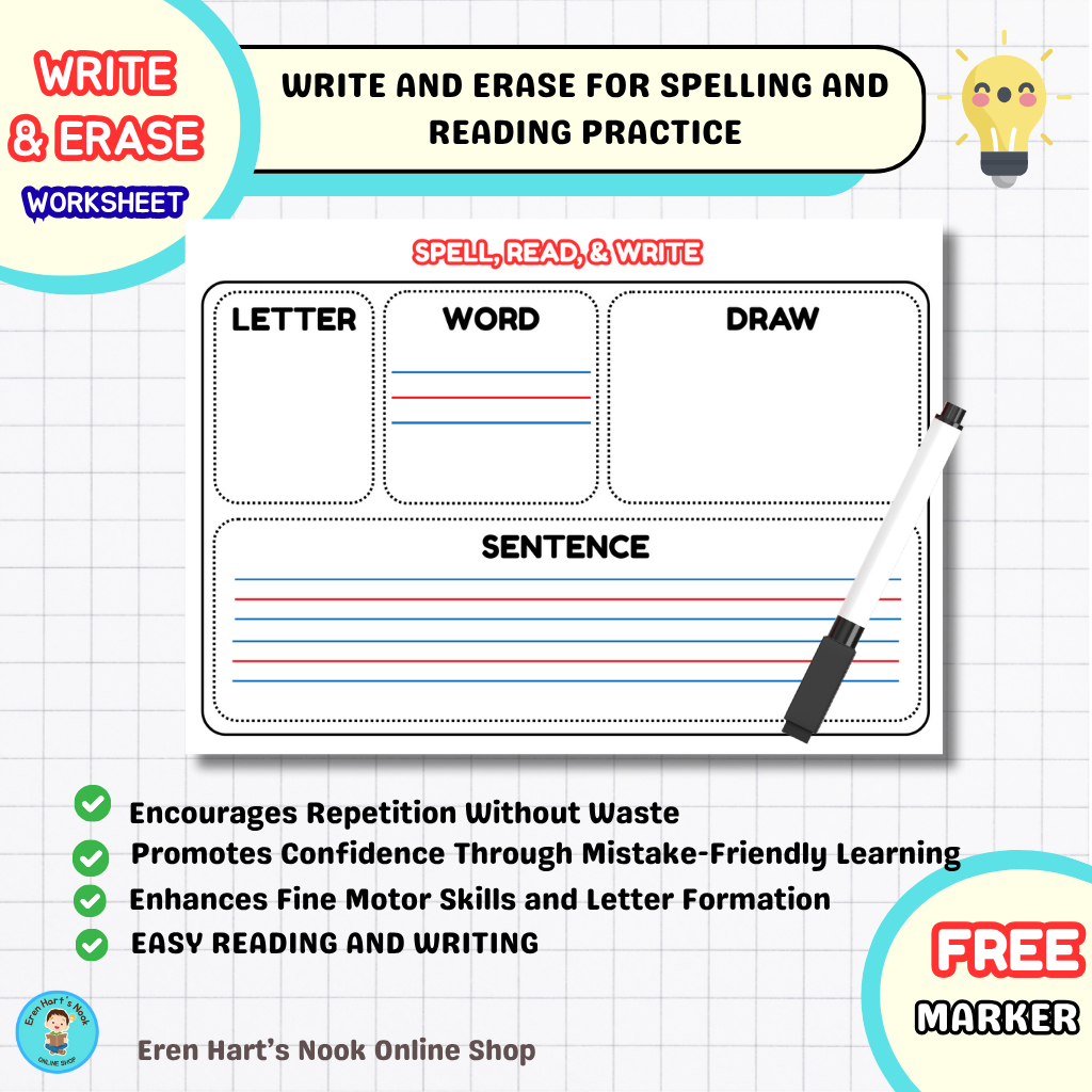 WRITE AND ERASE LAMINATED WRITING AND SPELLING PRACTICE WORKSHEET ...