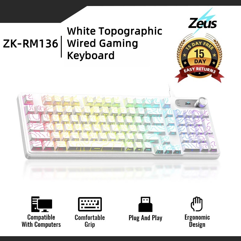 Zeus RM136 White Topographic Gaming Keyboard 99 Keys Membrane Wired ...