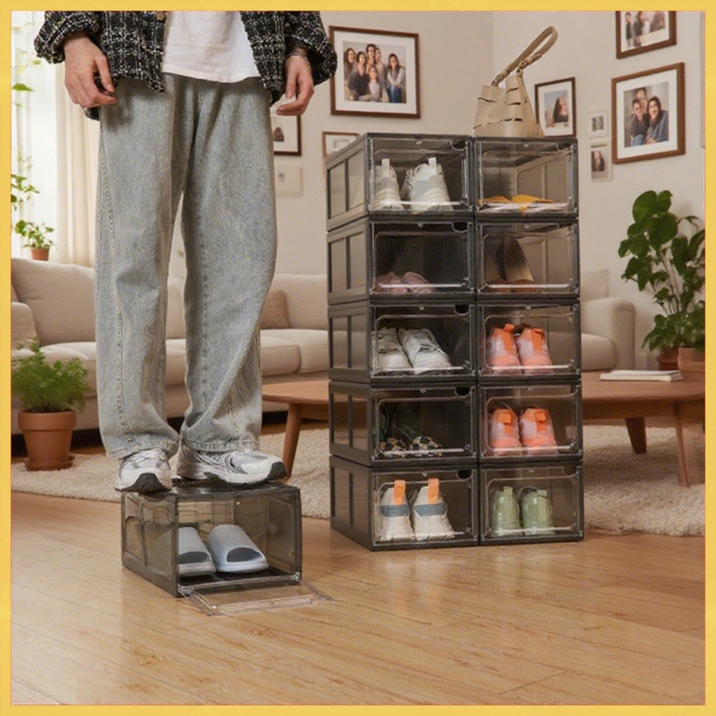 Black transparent Plastic Shoe Box with cover shoe storage rack ...