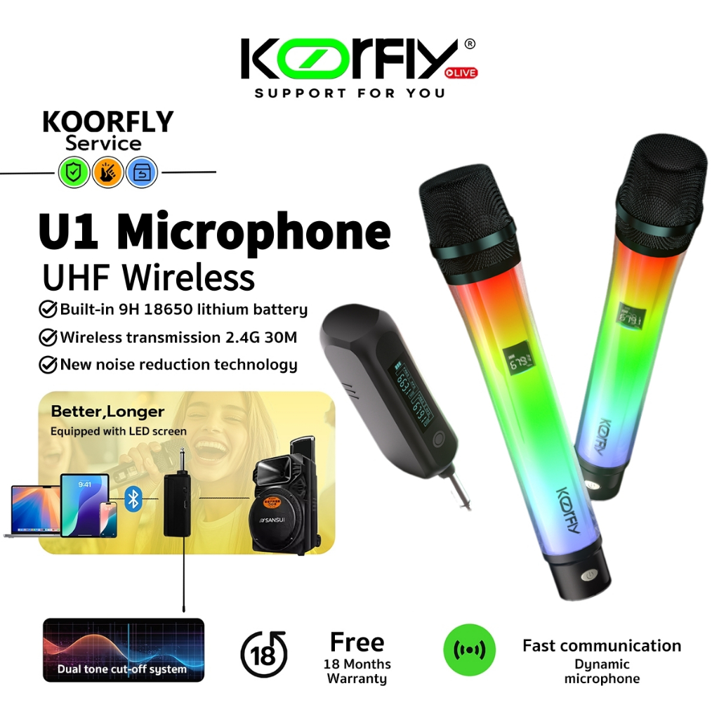 Koorfly U1 RGB UHF Wireless Microphone Rechargeable Handheld Mic Dual ...
