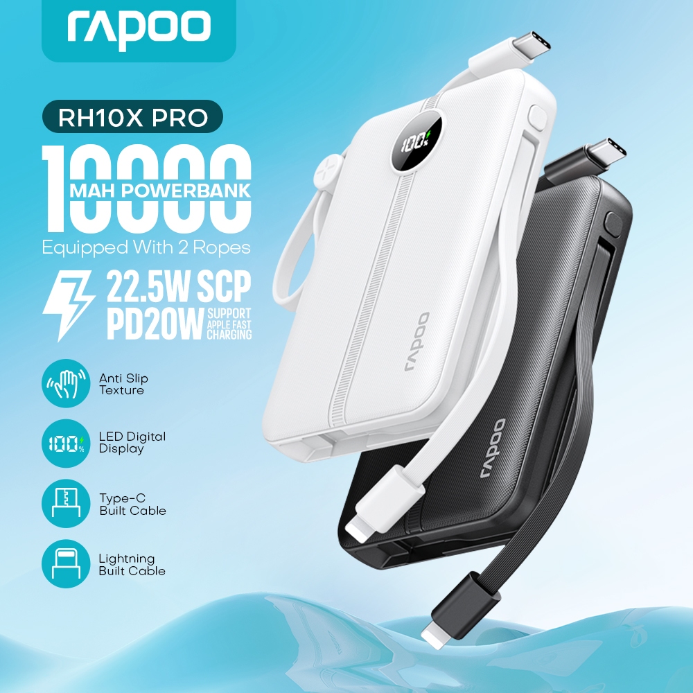 Rapoo RH10x Pro 10000mAh 22.5W Type-C Built Cable PD20W Fast Charging ...