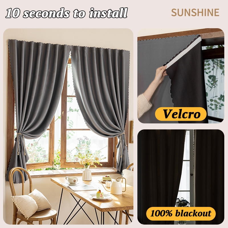 100% Blackout Curtains No Punch Velcro Curtains No Drilling for Living ...