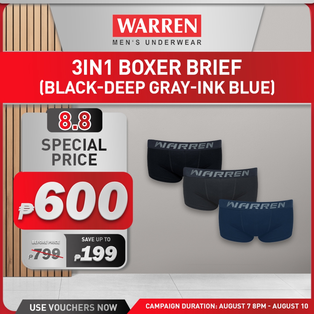 Warren Underwear 3in1 Boxer Brief (Black, Deep Grey, Ink Blue) 3-8701 | Shopee Philippines