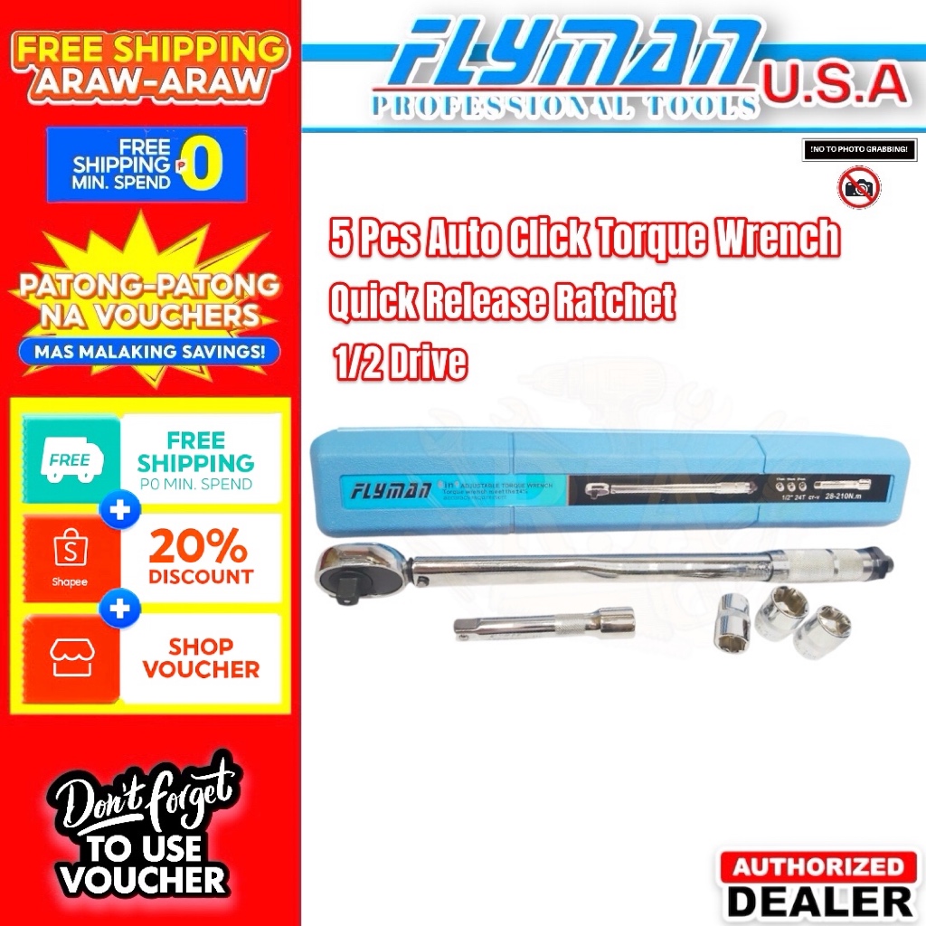 Flyman Tools Usa 5 Pcs Set Auto Click Torque 1/2 drive Wrench Socket ...