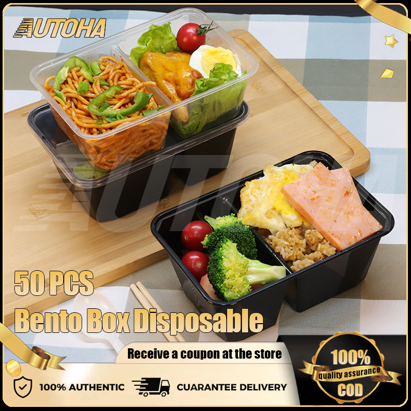 50Pcs Bento Lunch Box Disposable 2 Division Bento Box 500Ml 650Ml ...