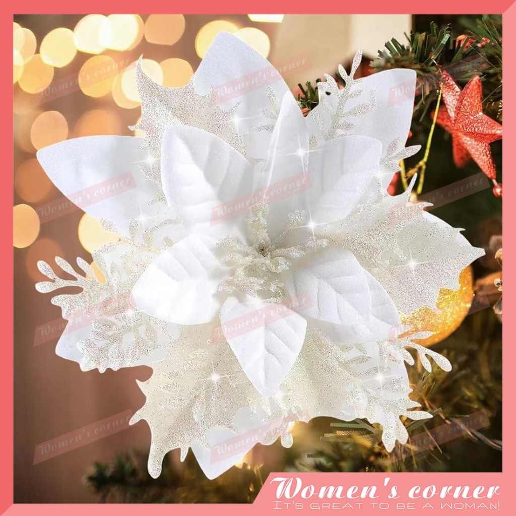 12pcs White Christmas Flower Glitter Artificial Flowers christmas tree ...