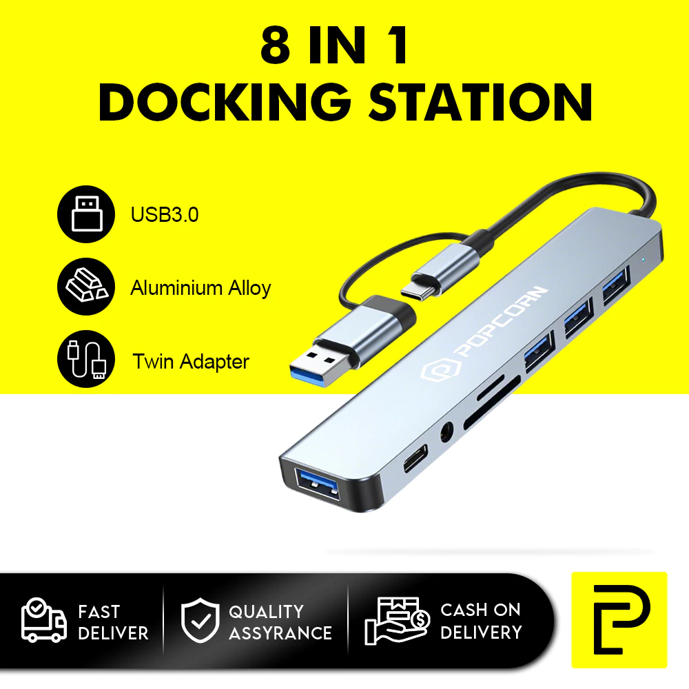 POPCORN 8 in 2 USB +Type C HUB Docking Station with 3.5mm Audio Jack ...