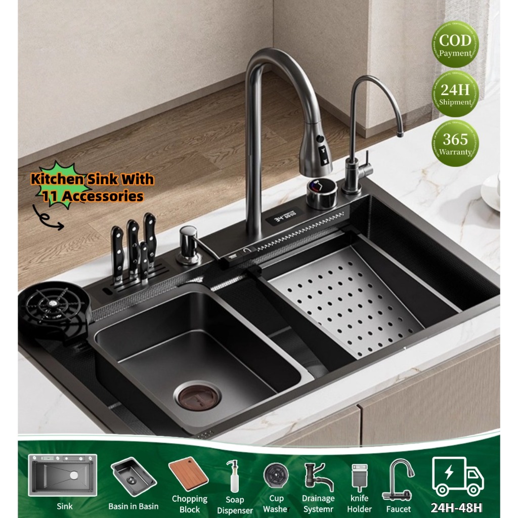 Kitchen Sink SUS304 Stainless Steel Tool Carrier Sink With Waterfall ...