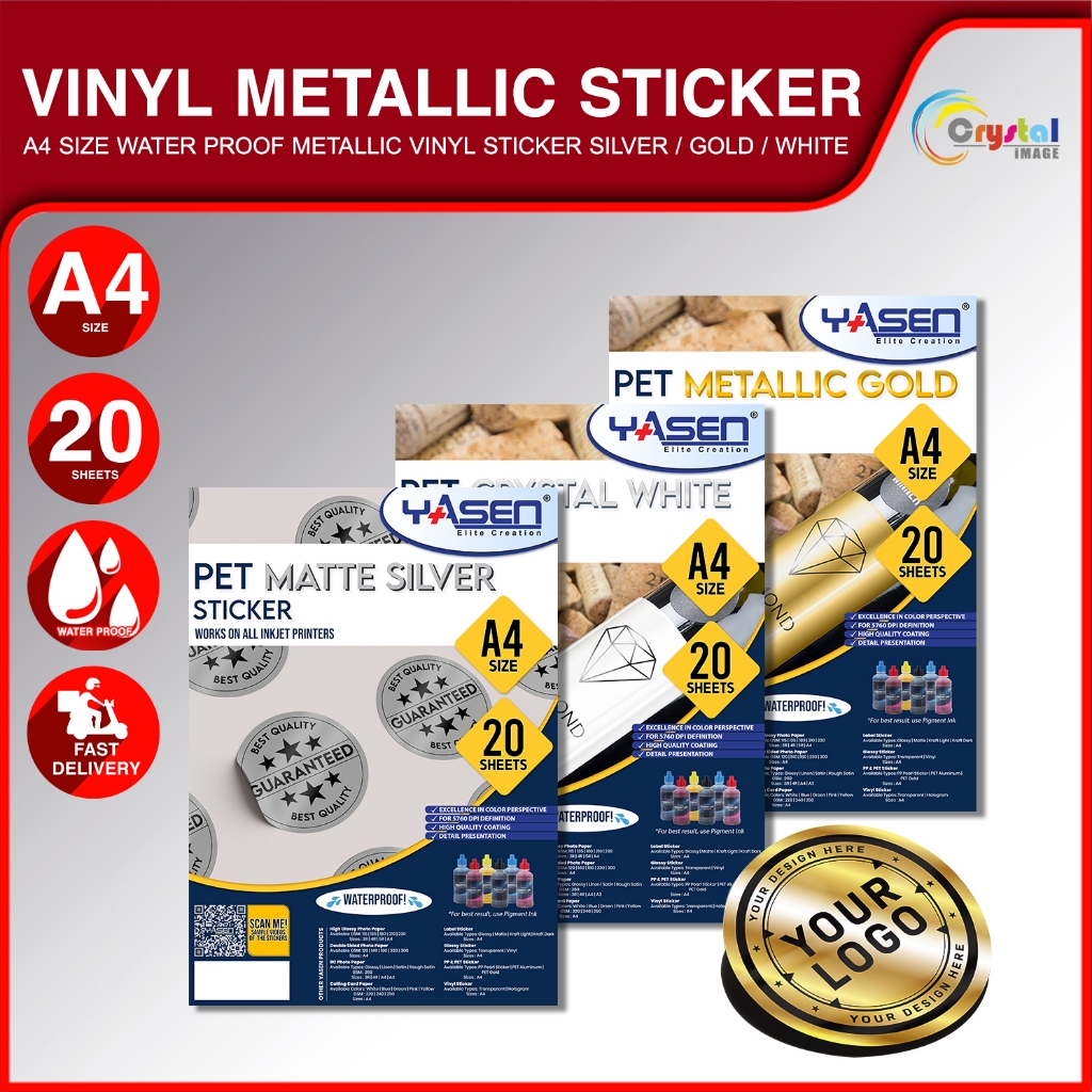 Yasen Printable Vinyl Sticker A4 Size Metallic Sticker Paper (Silver | Gold | White) PET ...