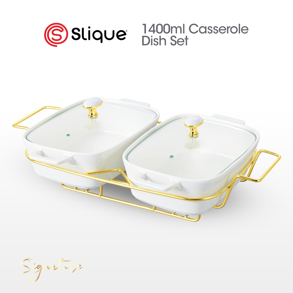 SLIQUE Signature Porcelain Casserole Dish with Gold Stand & Burner ...