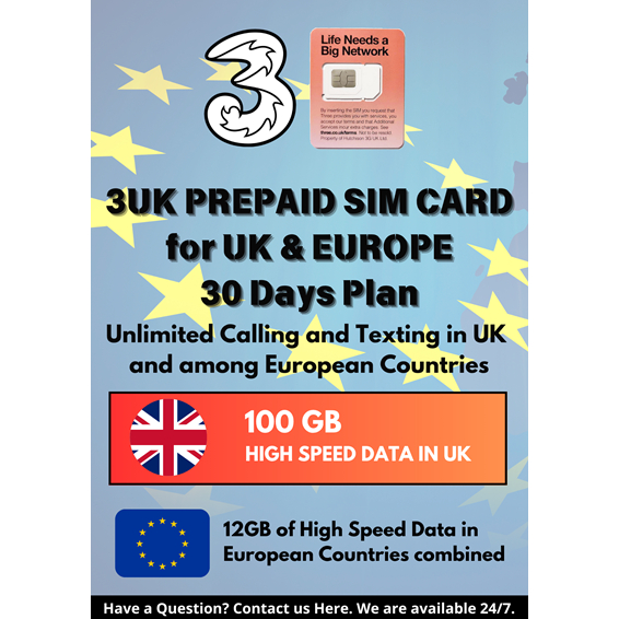 100GB High Speed Data in UK / 12GB High Speed Data in Europe SIM card ...