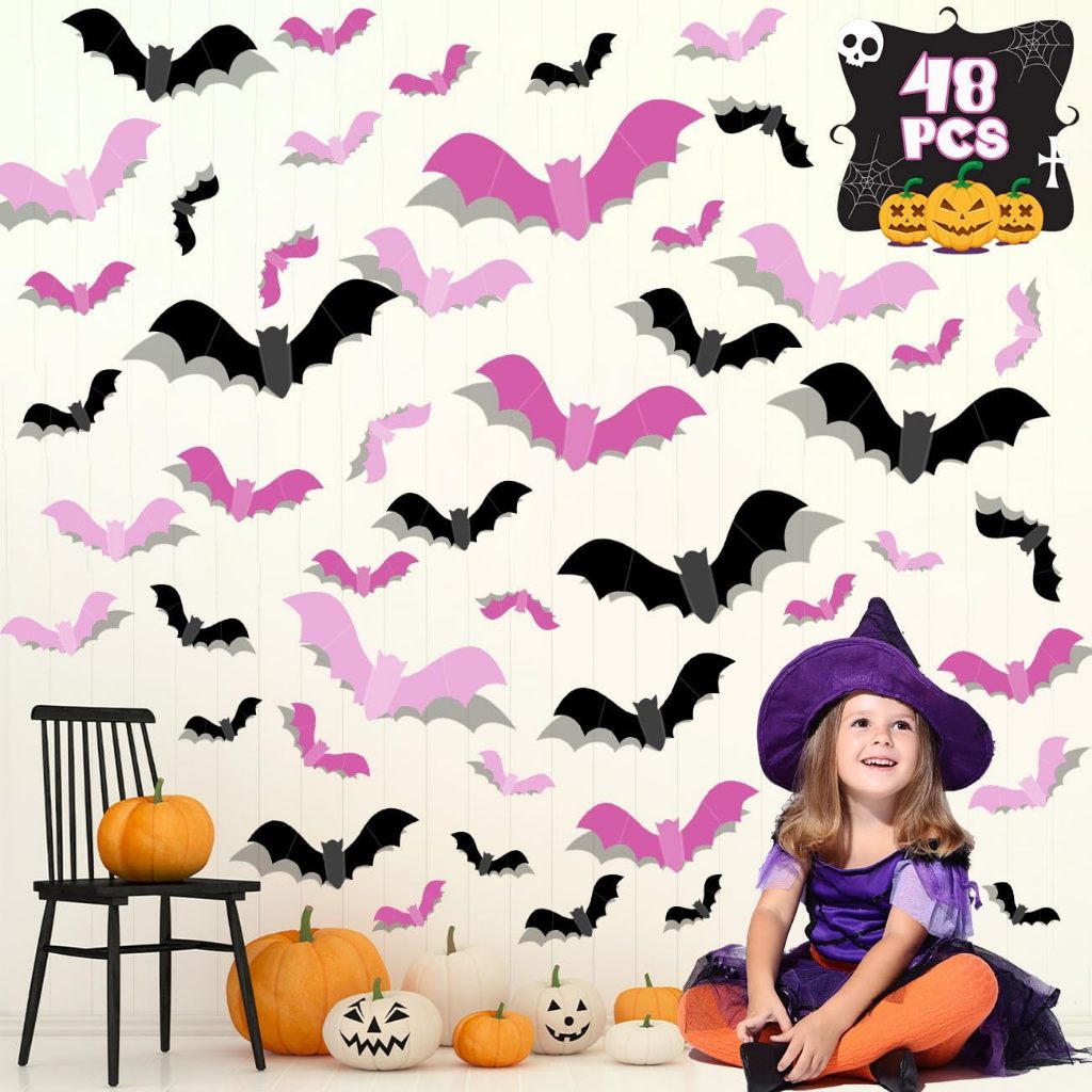 48pcs 3D Pink Bat Sticker Horror Bat Wall Decals Halloween Decor Props ...