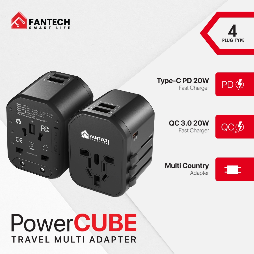 Fantech Power Cube TAC1 Travel Multi Adapter Fast Charger 2 USB-A QC ...