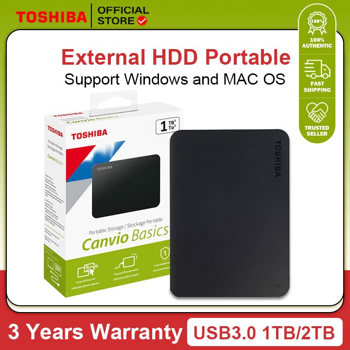 Toshiba Canvio Basics (new) 1TB/2TB USB 3.0 Portable External Hard Drive (Black) Super Speed ...