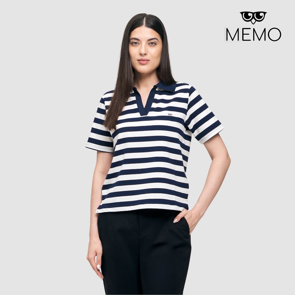 Memo Stripe V-Polo For Women (Navy Blue) | Shopee Philippines