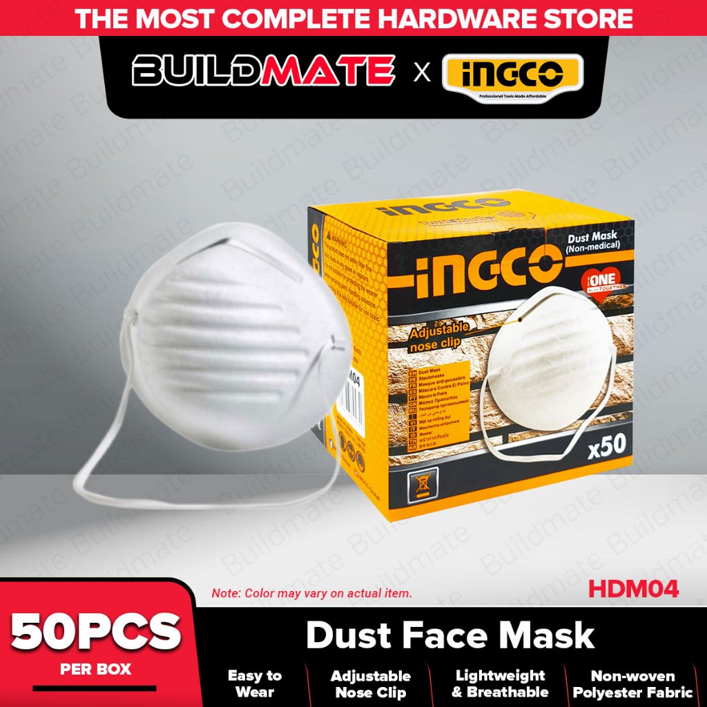 BUILDMATE Ingco Dust Mask 50PCS w/ Adjustable Nose Clip Polyester ...
