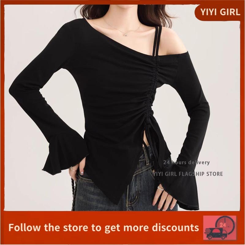 Off-shoulder pleated Waist-hugging Blouses Sexy irregular Woman's Top ...