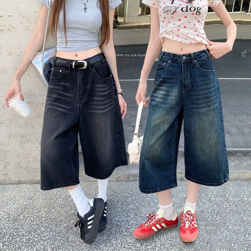 Baggy Jorts for Women Denim Shorts Over Knee Straight Cut Cropped Jeans ...