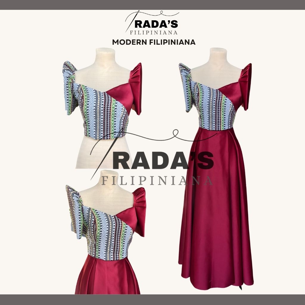 Modern Filipiniana Ethnic Top with Pleated Maroon Skirt | Shopee ...