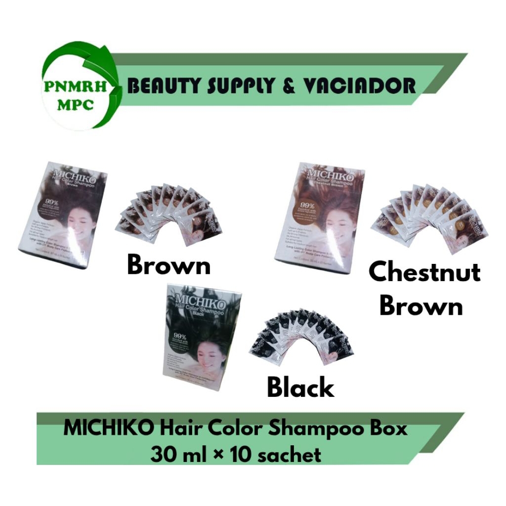 Michiko Hair Color Shampoo Box 30ml x 10 sachet (Black, Brown, Chestnut ...