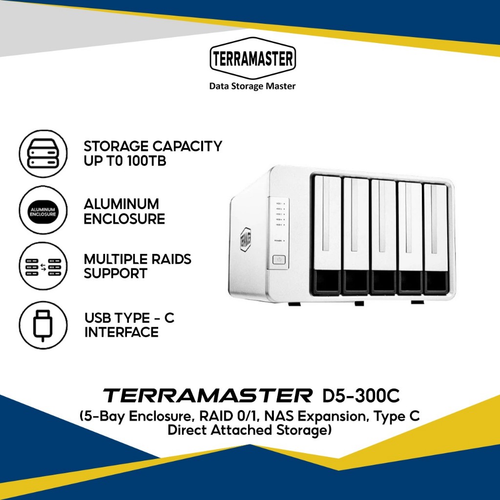 TerraMaster D5-300C Direct Attached Storage (5-Bay Enclosure, RAID 0/1 ...