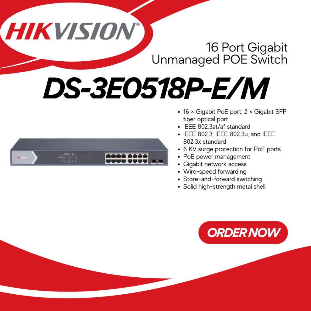 HIKVISION (DS-3E0518P-E/M) 16-Port Gigabit Unmanaged PoE Switch with 2 ...