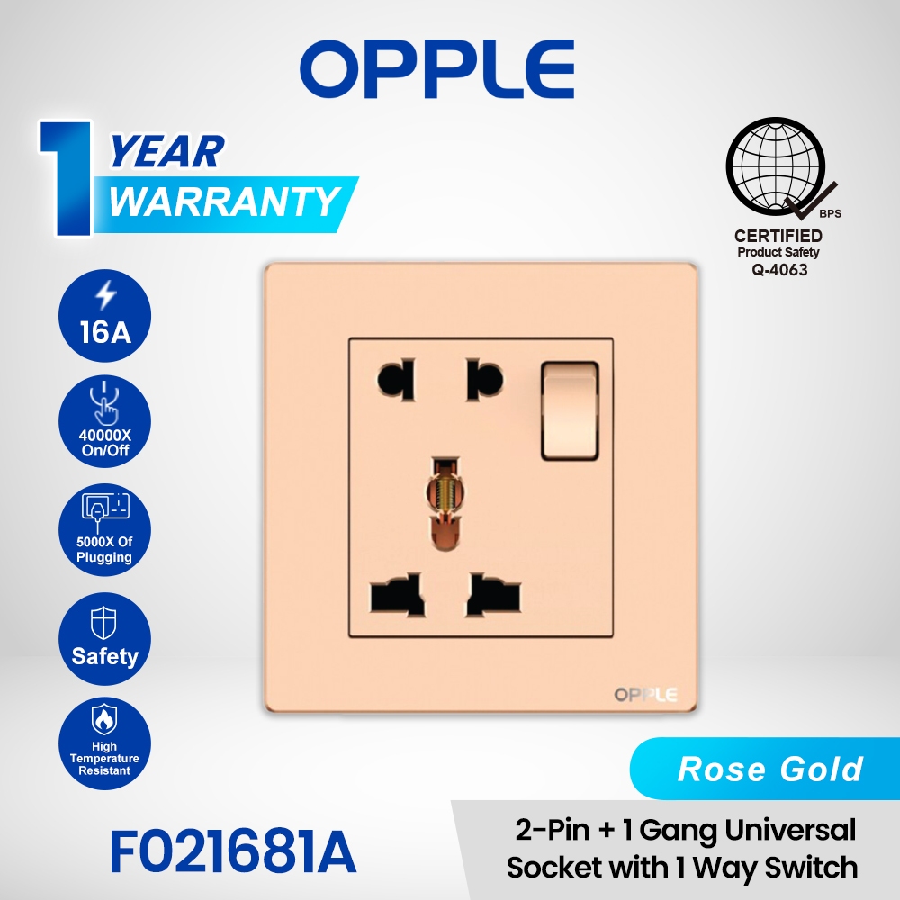 OPPLE Universal Socket with 1 way switch, 16A, 2Pin + 1 Gang Universal ...