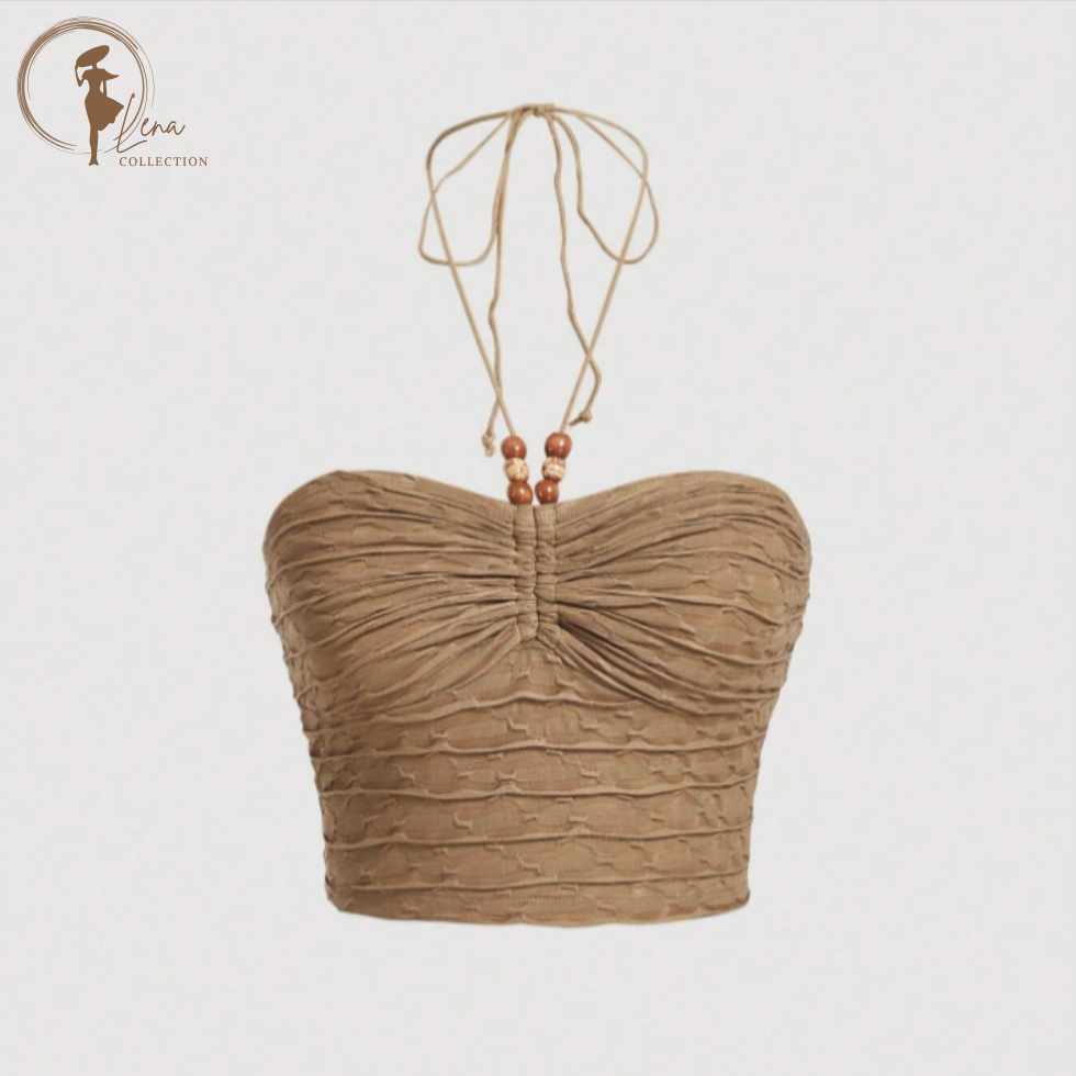 Textured Ruched Beige Tube Top – Halter Strap Crop Top with Boho Beads ...
