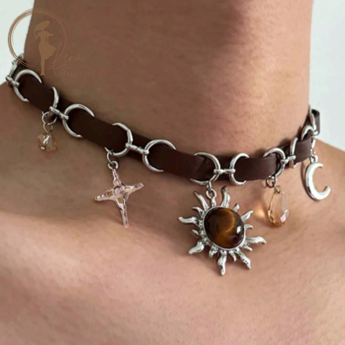 Chunky Chain Leather Choker with Sun, Cross & Crystal Charms – Gothic ...