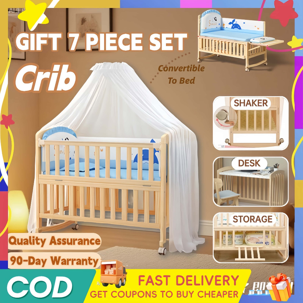 7 IN 1 Multifunctional Wood Crib For New Born Baby With Mosquito Mat ...