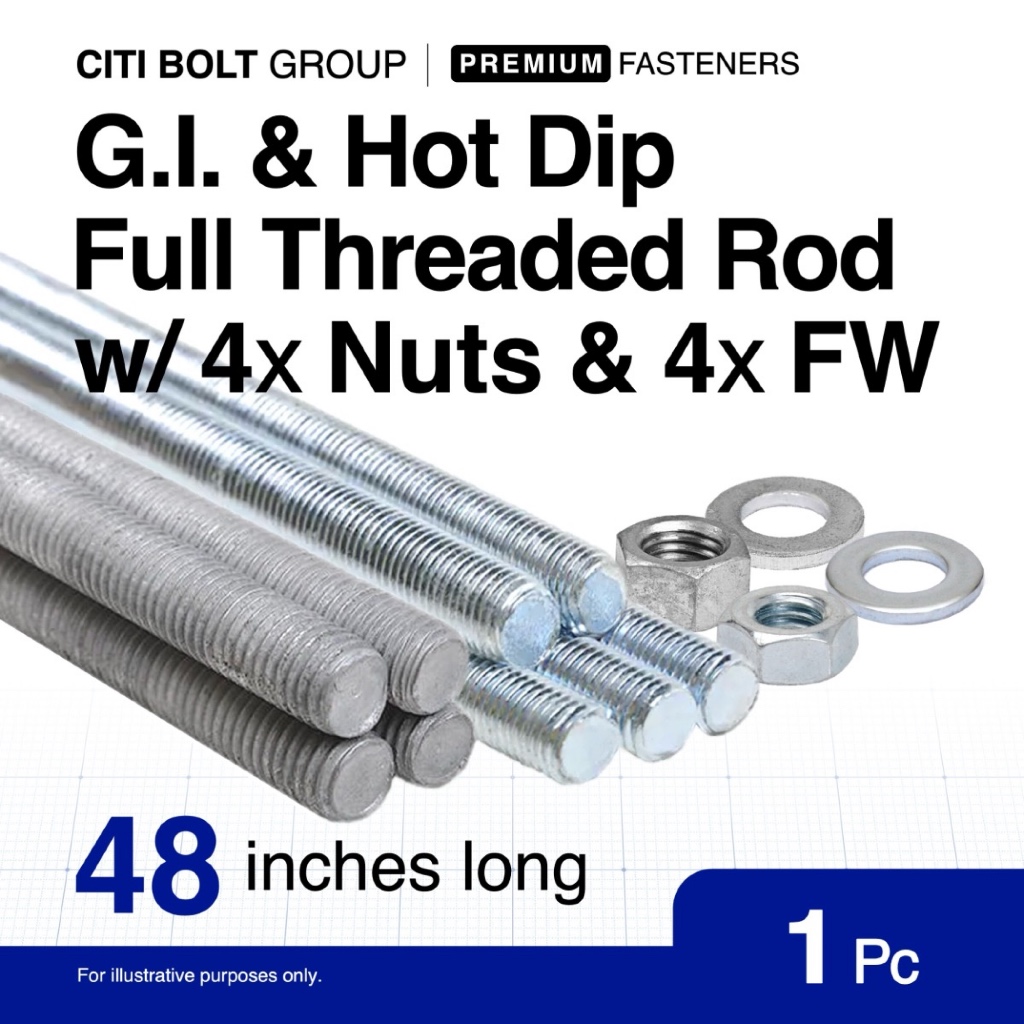 1pc GI & HDG Hot Dip Stud Bolt Fully Threaded Rod w/ Nut & FW 48 Inches ...